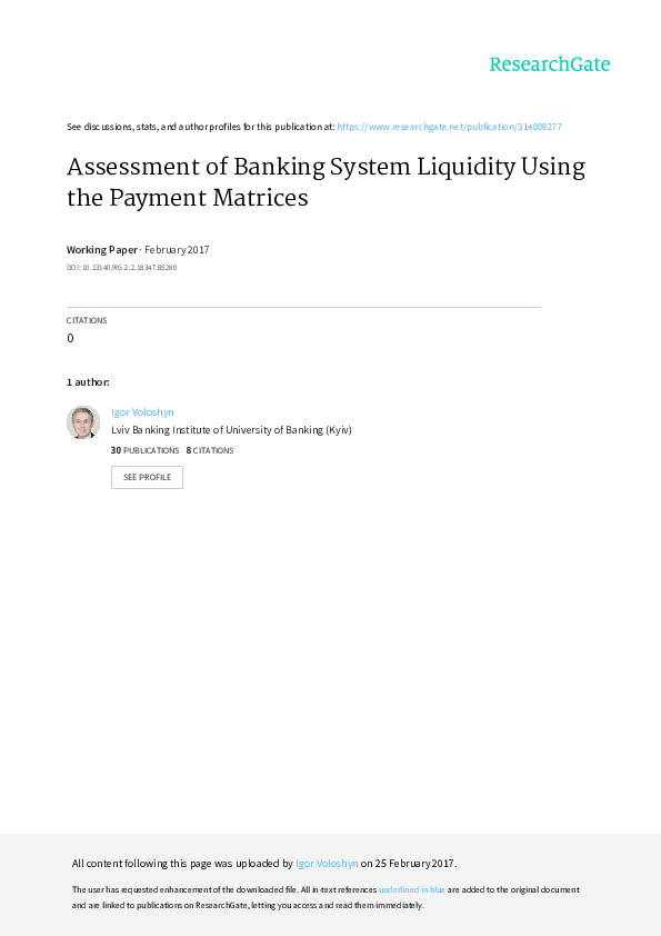 (PDF) Assessment of Banking System Liquidity Using the Payment Matrices