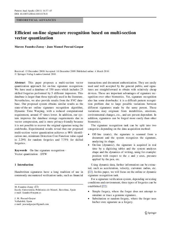 Pdf Efficient On Line Signature Recognition Based On Multi Section Vector Quantization