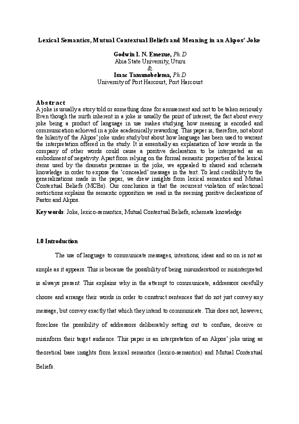 (DOC) Lexical Semantics, Mutual Contextual Beliefs and Meaning in an ...