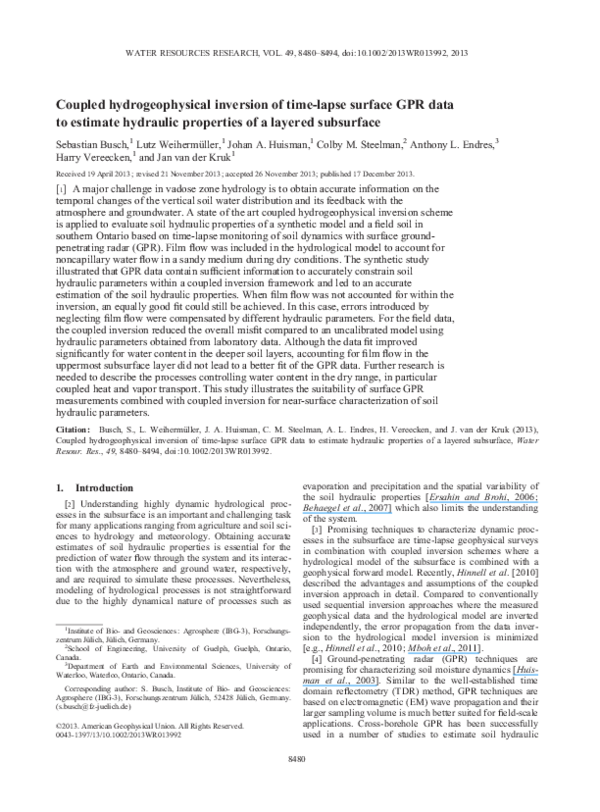 (PDF) Coupled hydrogeophysical inversion of time-lapse surface GPR data to estimate hydraulic ...