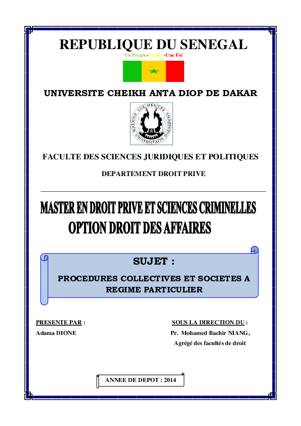 (PDF) REPUBLIQUE DU SENEGAL UNIVERSITE CHEIKH ANTA DIOP DE DAKAR FACULTE DES SCIENCES JURIDIQUES ...