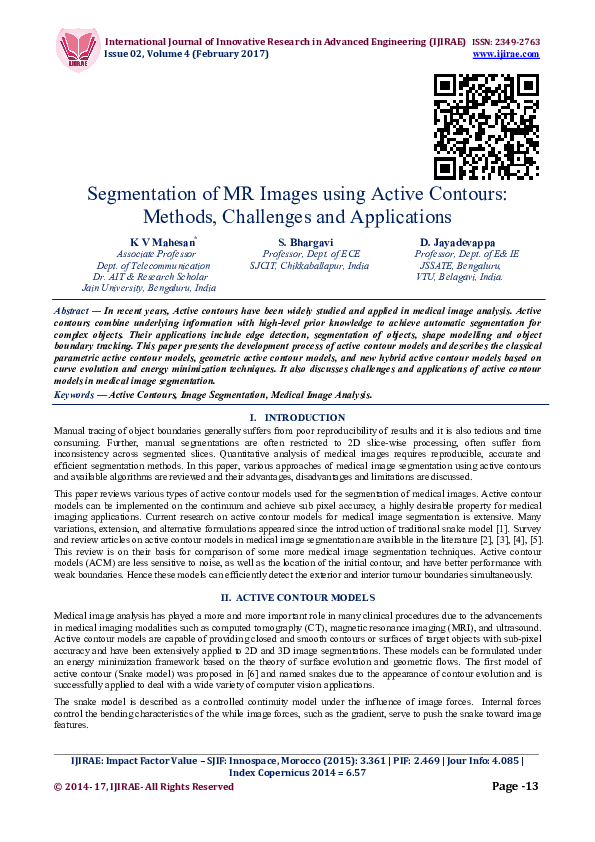 (PDF) Segmentation of MR Images using Active Contours: Methods, Challenges and Applications