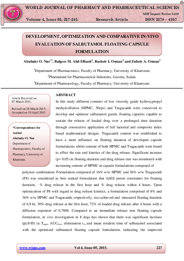 Pdf Development Optimization And Comparative In Vivo Evaluation Of Salbutamol Floating