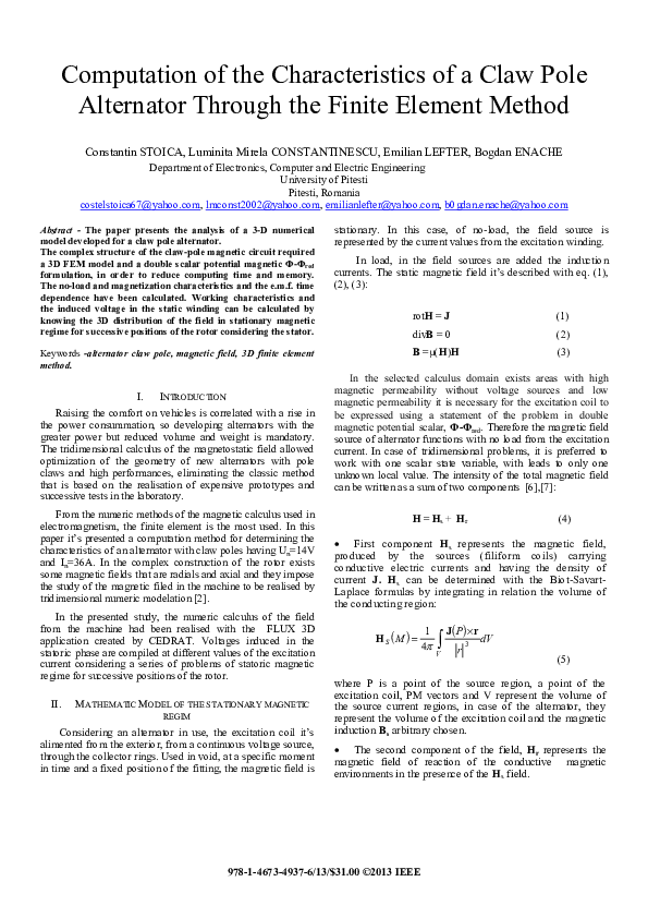 Pdf Computation Of The Characteristics Of A Claw Pole Alternator Through The Finite Element Method