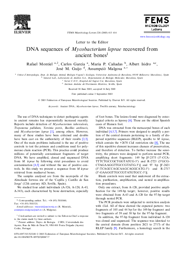 (PDF) DNA sequences of Mycobacterium leprae recovered from ancient bones
