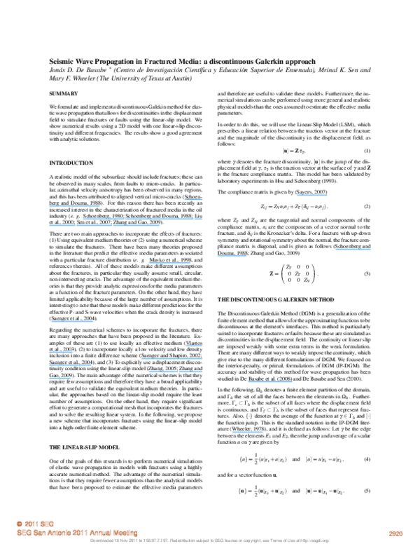 (PDF) Seismic wave propagation in fractured media: A discontinuous Galerkin approach