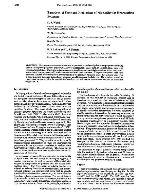 (PDF) Equations of state and predictions of miscibility for hydrocarbon polymers