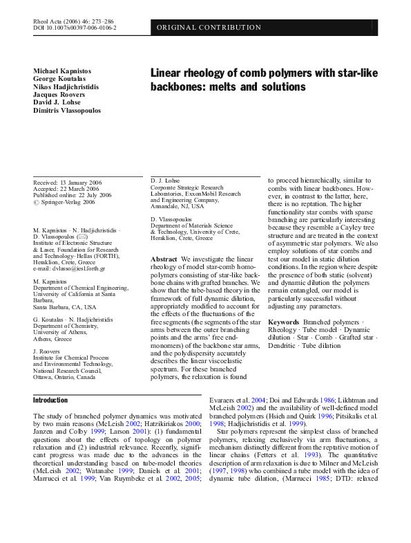 (PDF) Linear rheology of comb polymers with star-like backbones: melts ...
