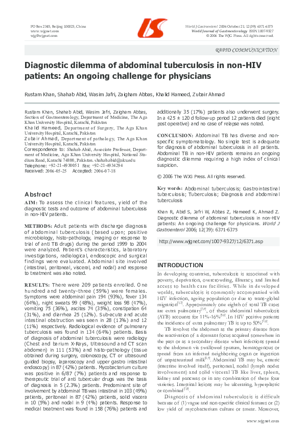 (PDF) Diagnostic dilemma of abdominal tuberculosis in non-HIV patients: an ongoing challenge for ...