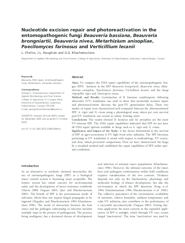 (PDF) Nucleotide excision repair and photoreactivation in the entomopathogenic fungi Beauveria ...
