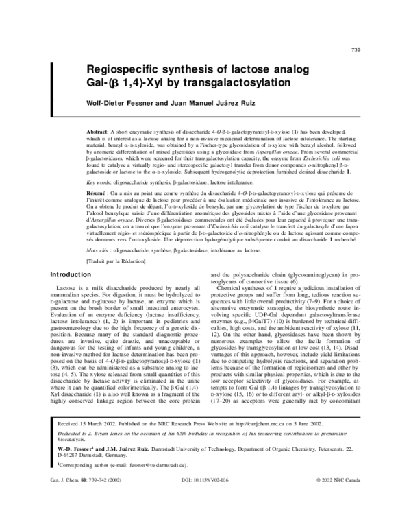(PDF) Regiospecific synthesis of lactose analog Gal-(β 1,4)-Xyl by ...