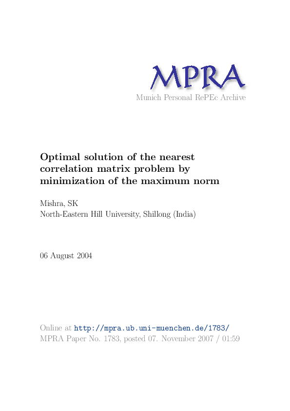 Pdf Optimal Solution Of The Nearest Correlation Matrix Problem By Minimization Of The Maximum