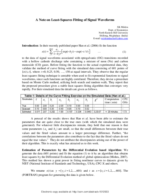 Pdf A Note On Least Squares Fitting Of Signal Waveforms Sudhanshu