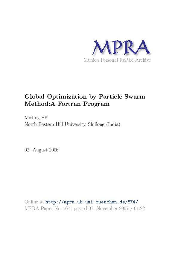 Pdf Global Optimization By Particle Swarm Methoda Fortran Program