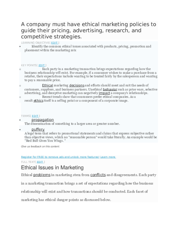 (DOC) A company must have ethical marketing policies to guide their pricing