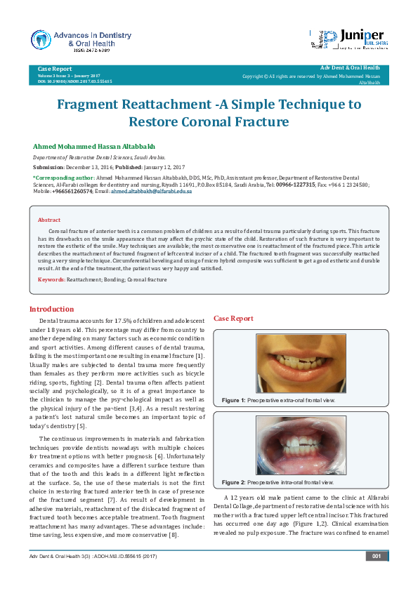(PDF) Case Report Fragment Reattachment -A Simple Technique to Restore ...