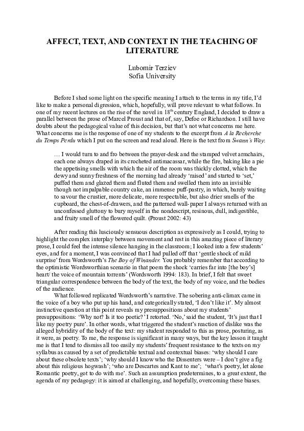 (DOC) AFFECT, TEXT, AND CONTEXT IN THE TEACHING OF LITERATURE