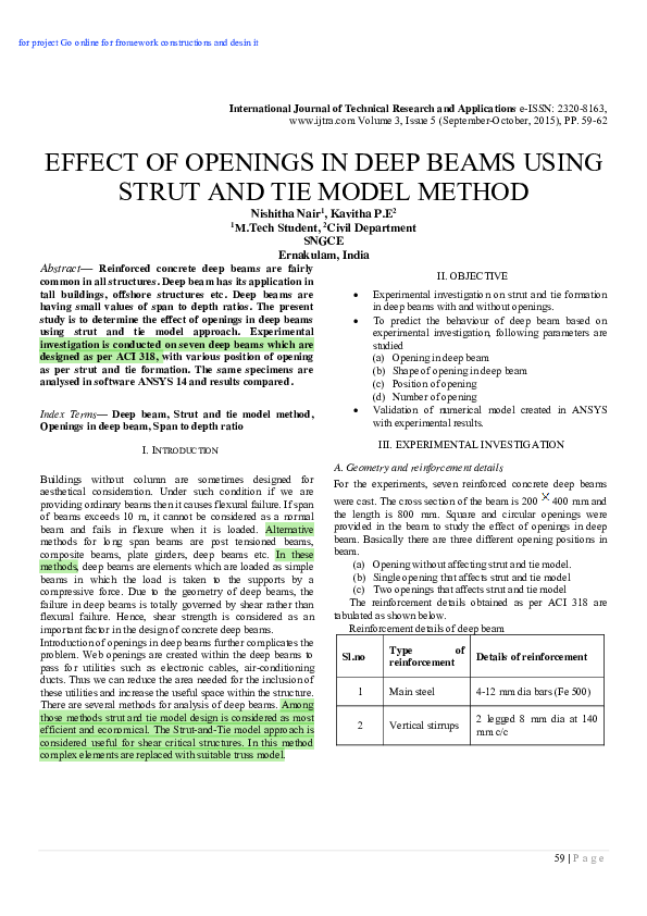 (PDF) EFFECT OF OPENINGS IN DEEP BEAMS USING STRUT AND TIE MODEL METHOD
