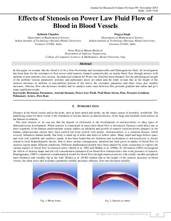 (PDF) Effects of Stenosis on Power Law Fluid Flow of Blood in Blood Vessels
