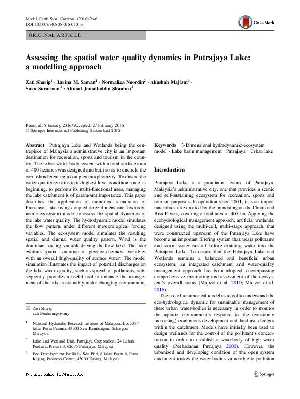 (PDF) Assessing the spatial water quality dynamics in Putrajaya Lake: a modelling approach