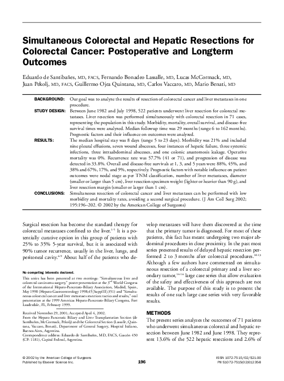 (PDF) Simultaneous Colorectal and Hepatic Resections for Colorectal Cancer: Postoperative and ...