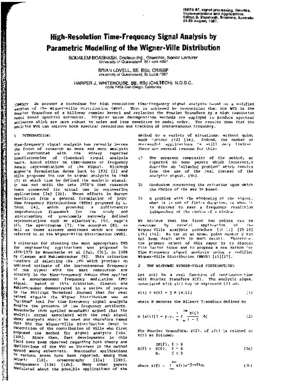 (PDF) High-Resolution Time-Frequency Signal Analysis by Parametric Modelling of the Wigner-Ville ...