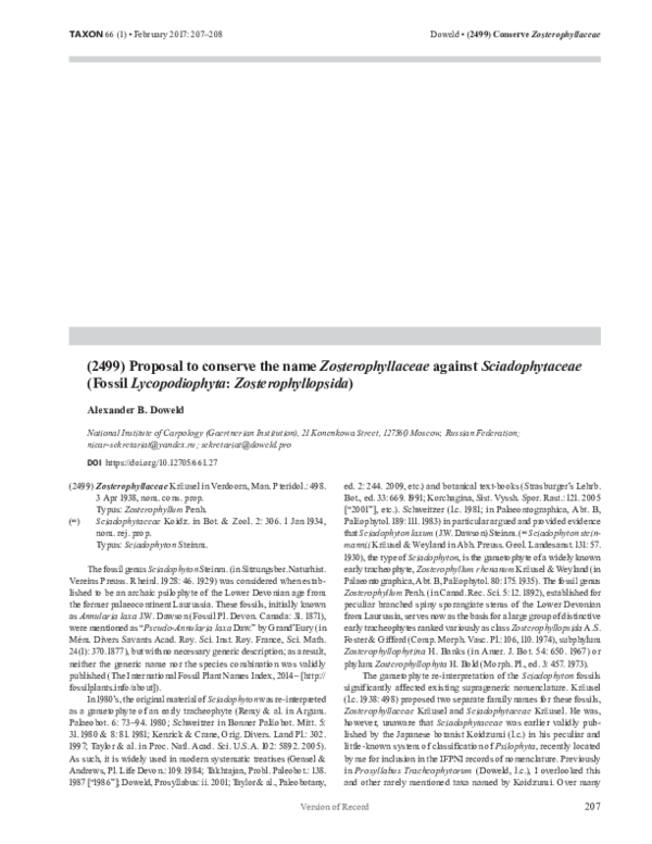 (PDF) Proposal to conserve the name Zosterophyllaceae against ...