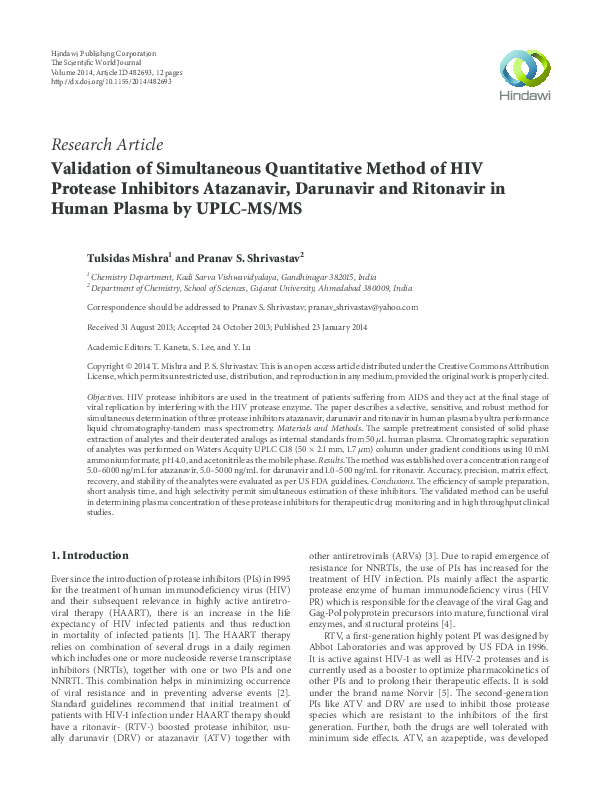 (PDF) Validation of Simultaneous Quantitative Method of HIV Protease Inhibitors Atazanavir ...