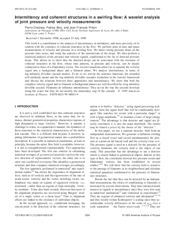 (PDF) Intermittency and coherent structures in a swirling flow: A wavelet analysis of joint ...