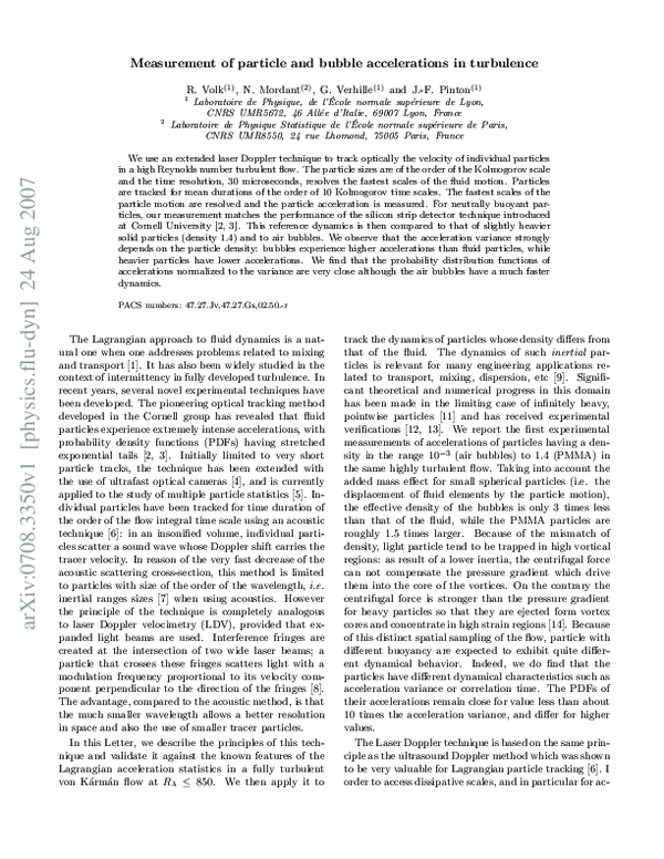 (PDF) Measurement of particle and bubble accelerations in turbulence | jean-francois pinton ...