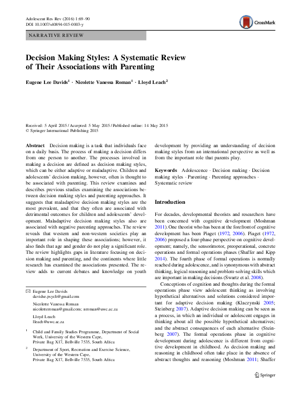(PDF) Decision Making Styles: A Systematic Review of Their Associations ...