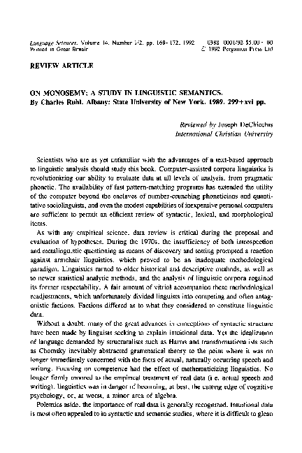 (PDF) On monosemy: A study in linguistic semantics By Charles Ruhl ...