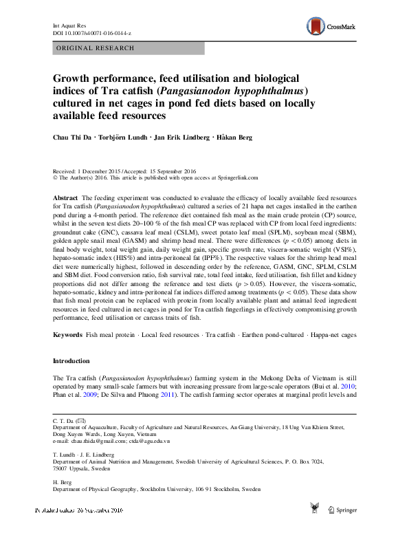 (PDF) Growth performance feed utilisation and biological of Tra catfish ...