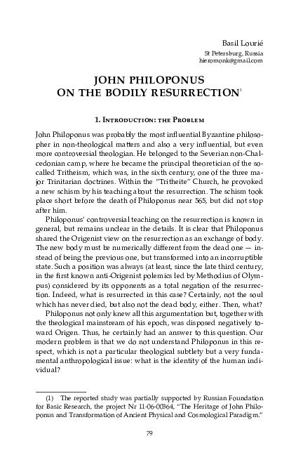 (PDF) John Philoponus on the Bodily Resurrection