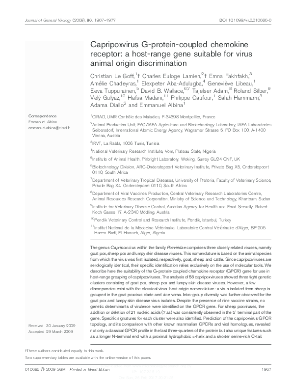 (PDF) Capripoxvirus G-protein-coupled chemokine receptor: a host-range ...