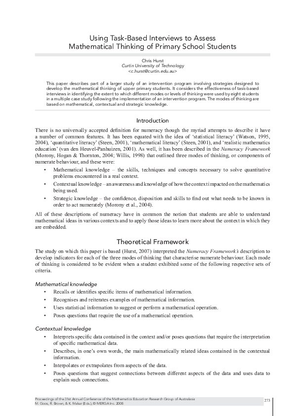 (PDF) Using Task-Based Interviews to Assess Mathematical Thinking of Primary School Students ...