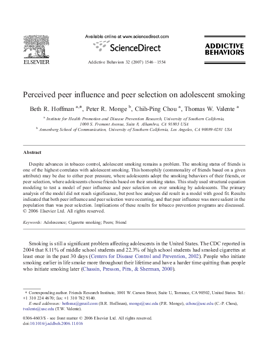 Pdf Perceived Peer Influence And Peer Selection On Adolescent Smoking