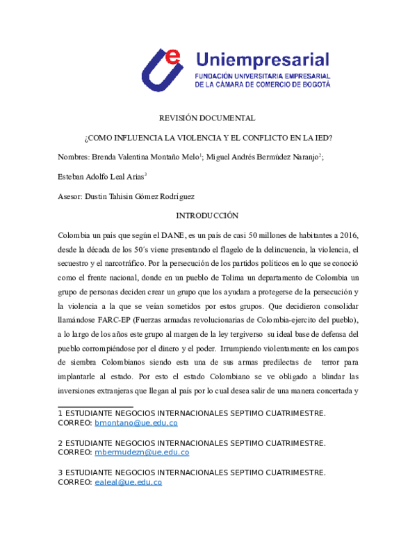 (DOC) REVISIÓN DOCUMENTAL ¿COMO INFLUENCIA LA VIOLENCIA Y EL CONFLICTO ...