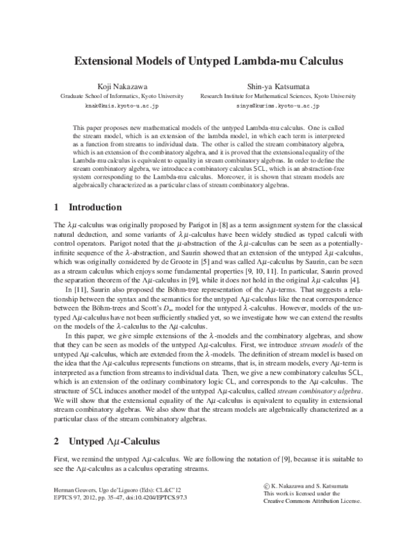 (PDF) Extensional Models of Untyped Lambda-mu Calculus