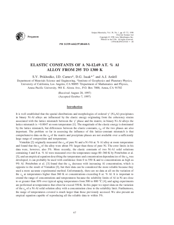 (PDF) Elastic Constants of a Ni-12.69 AT. % Al Alloy From 295 to 1300 K