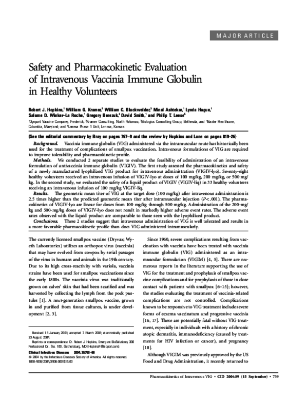 (PDF) Safety and Pharmacokinetic Evaluation of Intravenous Vaccinia Immune Globulin in Healthy ...