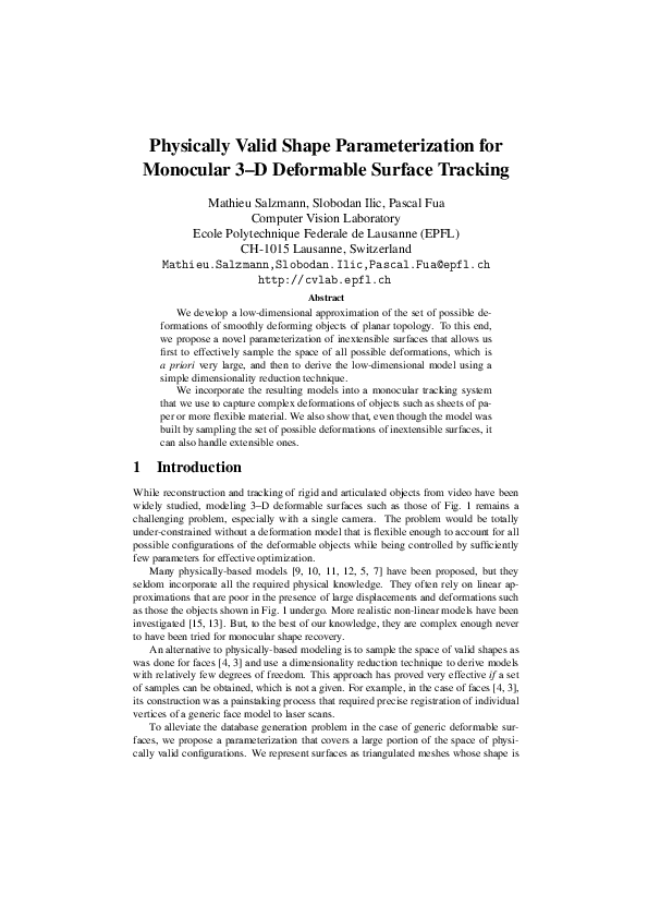 (PDF) Physically Valid Shape Parameterization for Monocular 3-D Deformable Surface Tracking