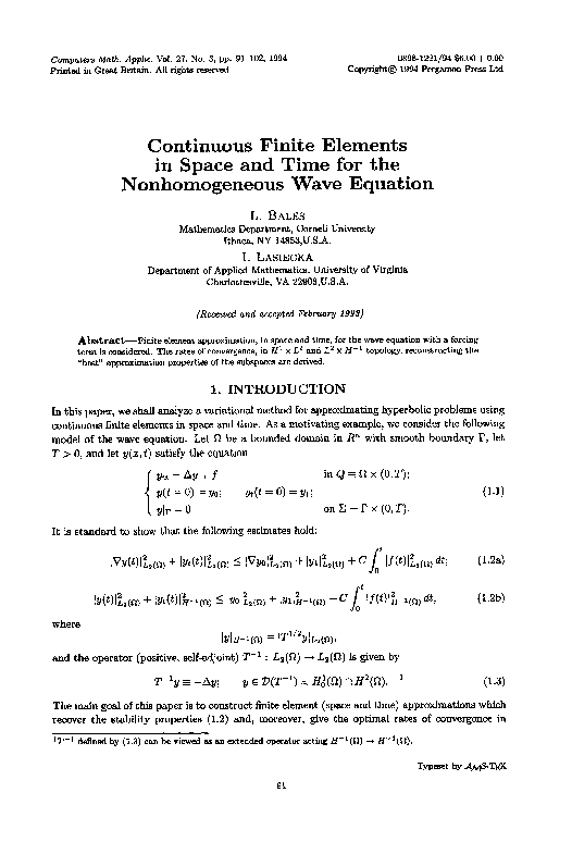 Pdf Continuous Finite Elements In Space And Time For The