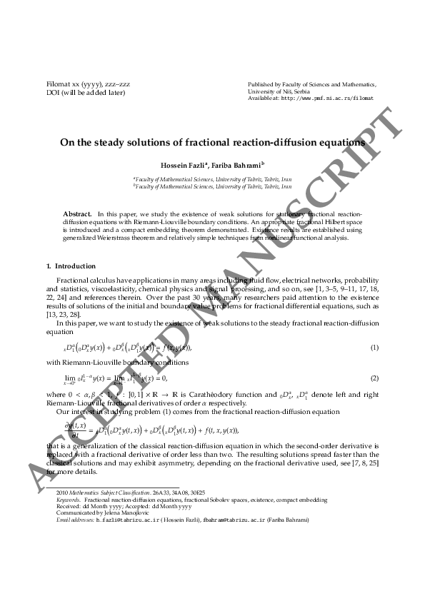 Pdf On The Steady Solutions Of Fractional Reaction Diffusion