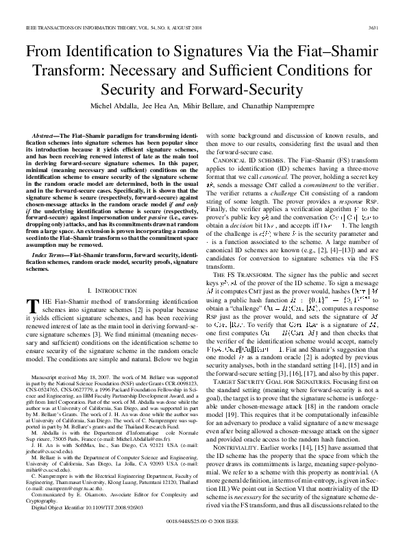(PDF) From Identification to Signatures Via the Fiat–Shamir Transform ...