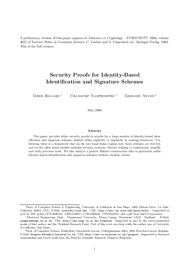 (PDF) Security Proofs for Identity-Based Identification and Signature Schemes | Chanathip ...