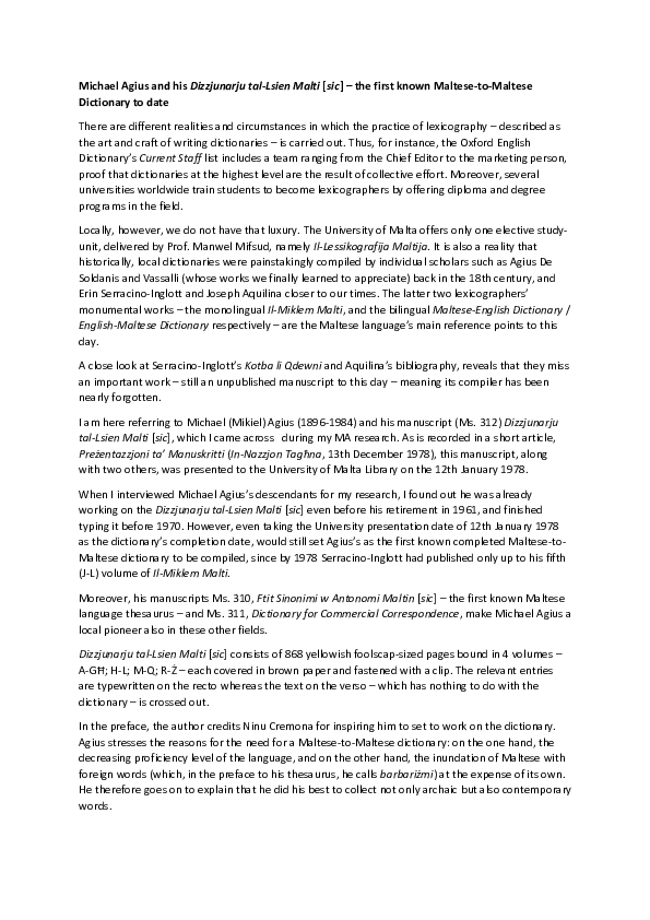 (PDF) Michael Agius and his Dizzjunarju tal-Lsien Malti [sic] – the ...