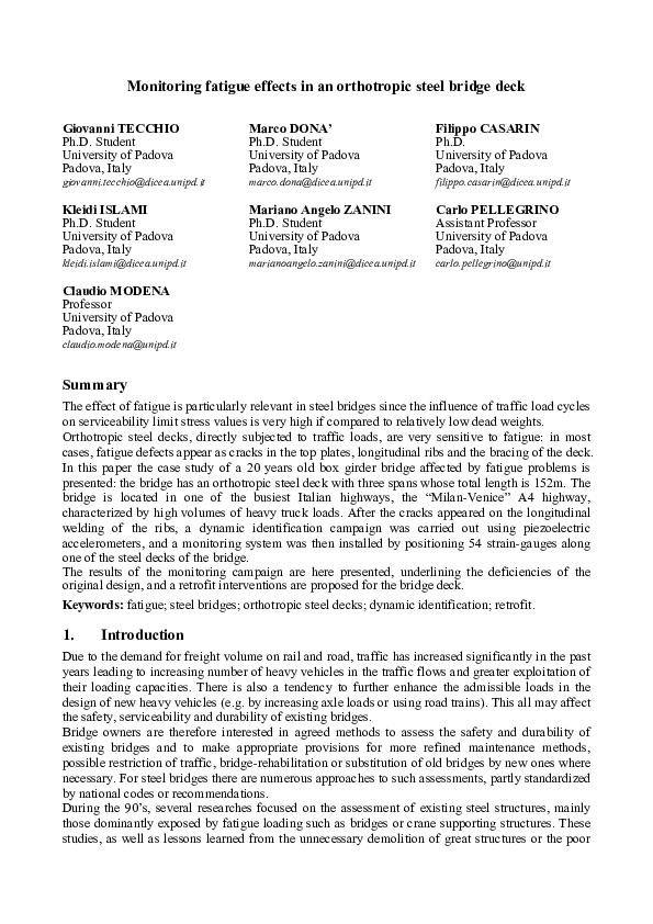 (PDF) Monitoring Fatigue Effects in an Orthotropic Steel Bridge Deck