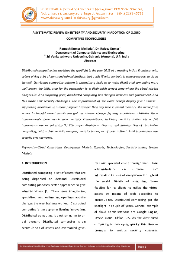 Pdf A Systematic Review On Integrity And Security In Adoption Of Cloud Computing Technologies