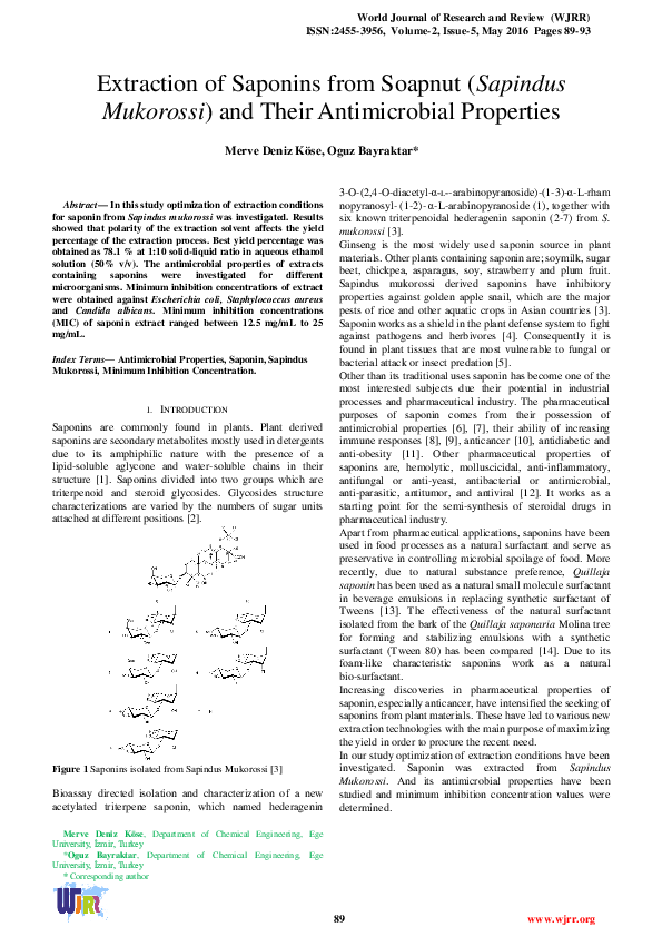 (PDF) Extraction of Saponins from Soapnut (Sapindus Mukorossi) and ...